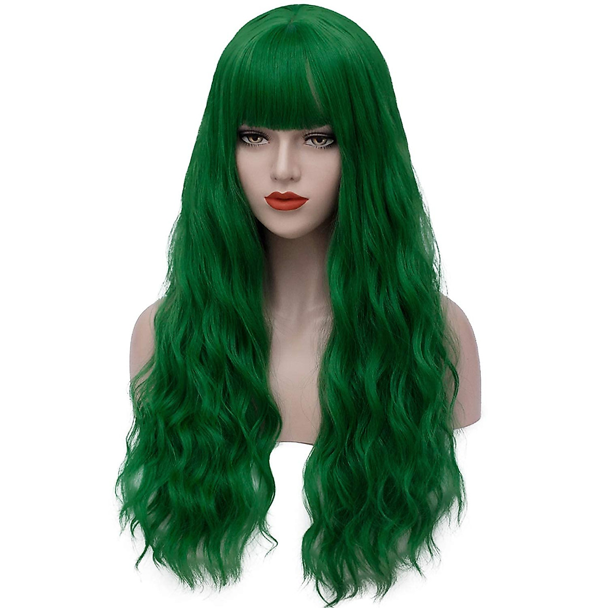 Sallcks Womens Long Curly Wavy Green Wig with Bangs Halloween Cosplay Costume Full Wigs Synthetic Fiber Green Hair Wigs with Wig Cap
