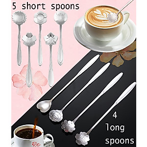 9 Pcs Flower Spoon Coffee Teaspoon Set, ESRISE Stainless Steel Tea Spoon essert Spoon, Cute Demitasse Scoop for Stirring Drink Mixing Milkshake Jam (Silver)
