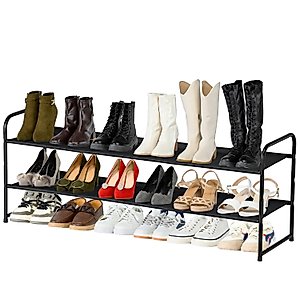 SUFAUY Shoe Rack Storage for Bedroom Closet, Stackable 2 Tier Fabric Shoe Organizer Shelf, 42.5 Inches Long, Black