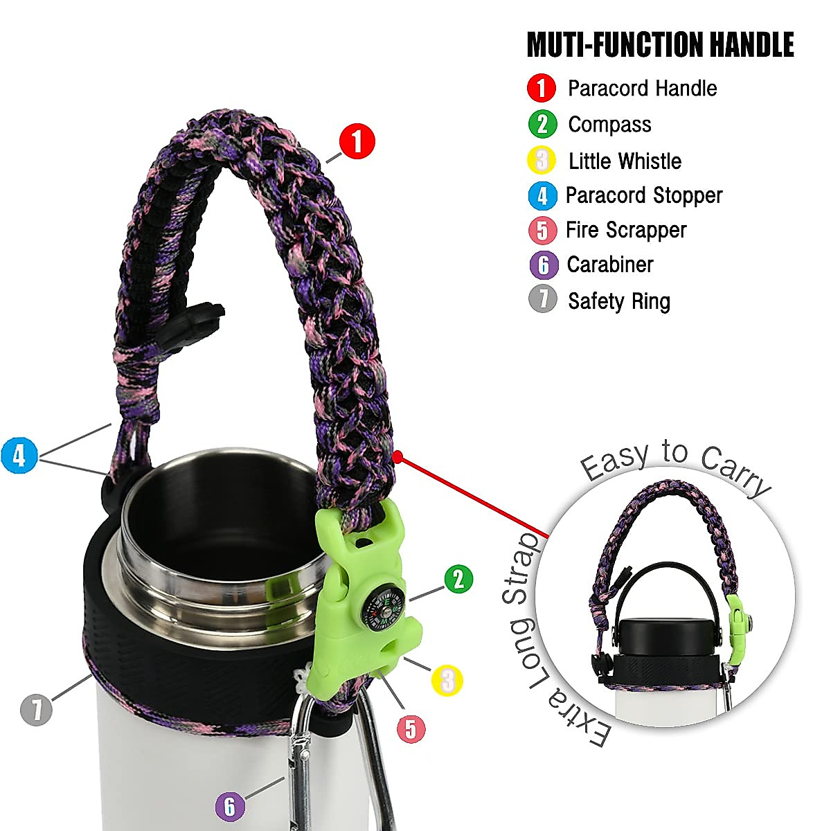 QeeCord Paracord Handle Compatible with Hydro Flask 2.0 Wide Mouth Water Bottle Carrier with New Ring and Carabiner, 12oz, 16oz,18oz, 32oz, 40oz, 64oz (32 oz-40 oz Wide Mouth, Camo Purple)