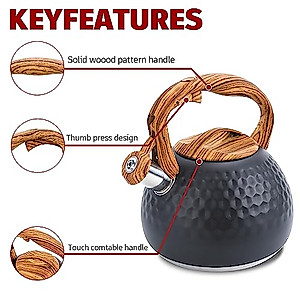 KIAADSY Tea Kettle, 3.2 Qt Stainless Steel Whistling Tea Kettle for Stove Top, Food Grade Teapot with Wood Pattern Handle for Coffee, Tea, Milk etc, Gas Electric Applicable-Black