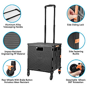 FELICON SELORSS Foldable Utility Cart Folding Portable Rolling Crate Handcart with Heavy Duty Telescoping Handle Collapsible 4 Rotate Wheels for Travel Shopping Move Luggage Office Use(Black+Black)