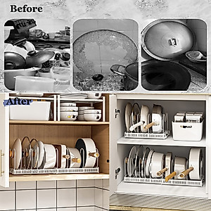 S SNUOY Pot and Pan Organizer Expandable Pan Lid Organizer Rack for Cabinet Pot Lid Holder Rack with 10 Adjustable Compartment for Pot Lids Cutting Boards,White