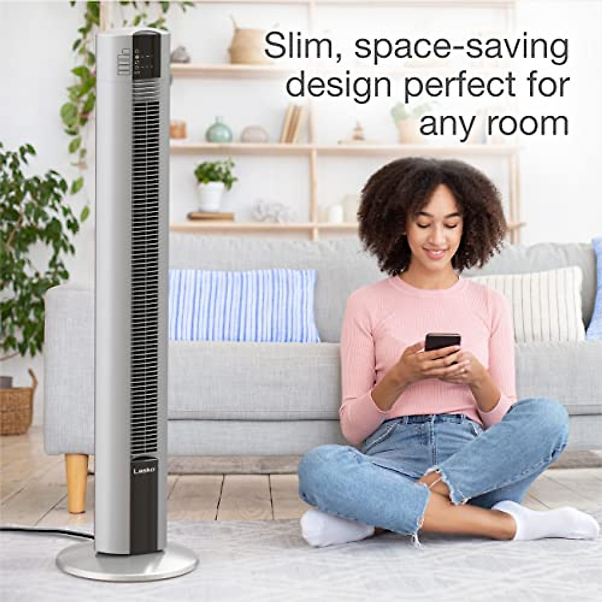 Lasko Portable Electric 48" Oscillating Tower Fan with Fresh Air Ionizer, Timer and Remote Control for Indoor, Bedroom and Home Office Use, Gray T48310