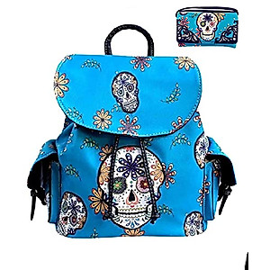 TEXAS WEST WESTERN COLLECTION TEXAS WEST Large Sugar Skull Day of the Dead Daypack Concealed Carry Backpack Women Travel Biker Purse Wallet Set (Turquoise)