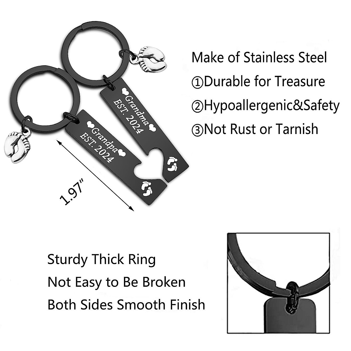 New Grandparent Gift Grandma and Grandpa Est 2024 Keychain Set Pregnancy Announcement Gifts New Grandparents Gift First Time (Black)