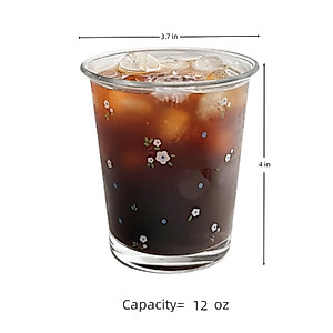 yaocoral Set of 2 12 OZ French Glassware Floral Drinking Glasses,Stackable Flower Glass Cup for Juice,Coffee,Iced Tea,Milk,Dessert,Mixed Drinks,Floral Drinkware Set(white yellow)