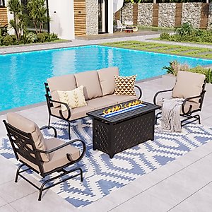 GREEN PARTY 4-Pieces Patio Furniture Set, Outdoor Metal Patio Conversation Set with Fire Pit Table, Patio Sofa with Cushions, Beige