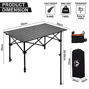 Night Cat Camping Table with Storage Basket Foldable Picnic Table for Outdoor Indoor Lightweight Rustless Adjustable Height 1.7-3ft BBQ Garden Backyard 75KG 37x22in