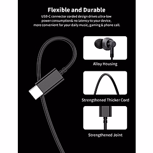 USB C Headphones for Samsung S24 S23 Ultra S22 S21 FE S20 A54 A53 Note 20 10+ Wired Earbuds Noise Canceling in-Ear Type C Earphone with Microphone Stereo Bass for iPhone 15 16 Pixel 8 7 6, Metal-Grey