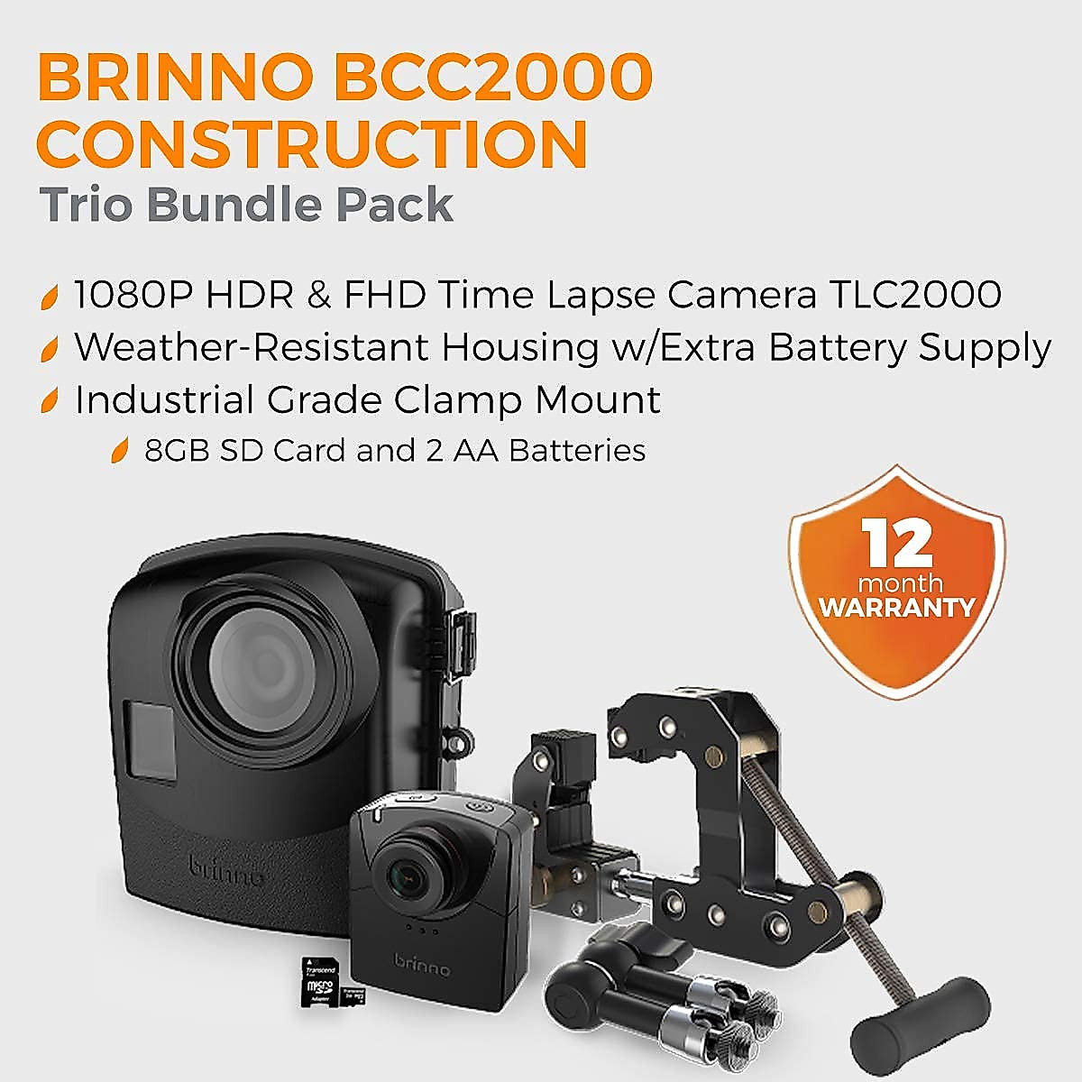 Brinno BCC2000 - Construction & Outdoor Security Time Lapse Camera Trio Bundle Pack - Up to 1-Year Battery Life - 1080P - Includes: TLC2000 Camera, Industrial Clamp, & Weather-Resistant Case