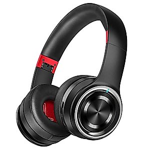 Picun P26 Bluetooth Headphones Over Ear 80H Playtime Hi-Fi Stereo Wireless Headphones Deep Bass Foldable Wired/Wireless/TF for Cell Phone/PC Bluetooth 5.0 Wireless Headset with Mic (Black Red)