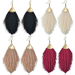 Fashion Bohemian Silky Thread Fan Fringe Tassel Statement Earrings - Lightweight Strand Feather Shape Dangles Earring 4 pcs (Black+White+Beige+Dark red)