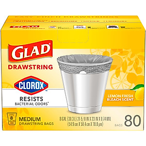 Glad Medium Drawstring Trash Bags with Clorox, 8 Gal, Lemon Fresh Bleach, 80 Ct (Package May Vary)