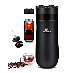 Portable French Press Travel Coffee Maker, Double Walled Stainless Steel Vacuum Insulated Coffee Maker and Tea Maker,12 Ounce, Mini Vacuum Mug Filter Coffee Cup for Travel (Black)
