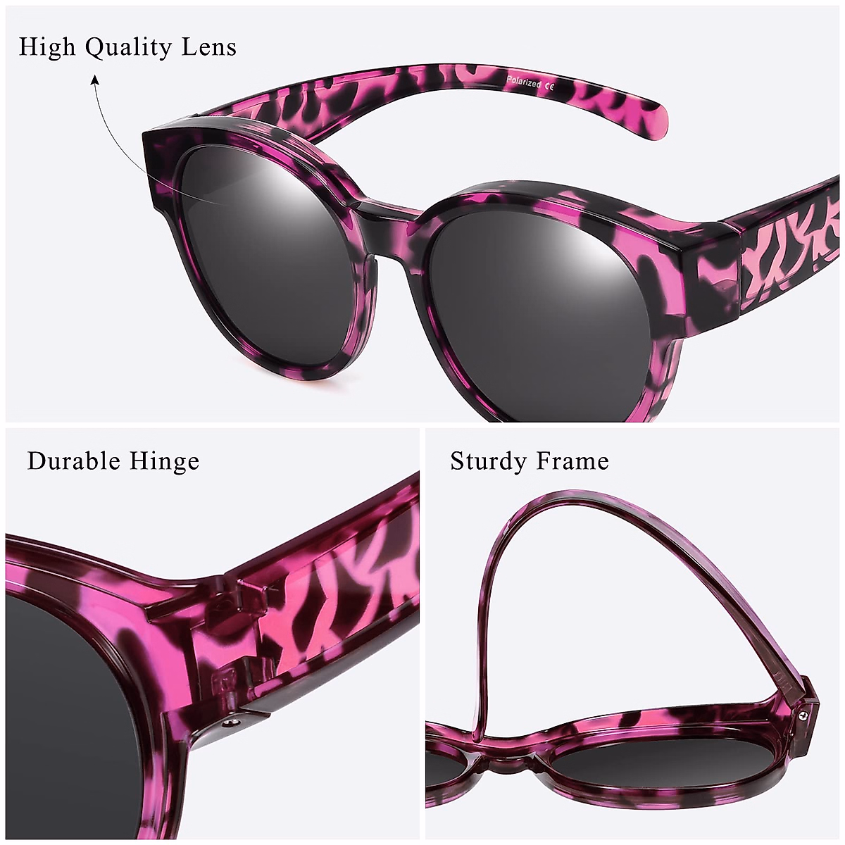 Br’Guras Polarized Oversized Fit over Sunglasses Over Glasses with Cat Eye Frame for Women&Men (Purple leopard, Black)