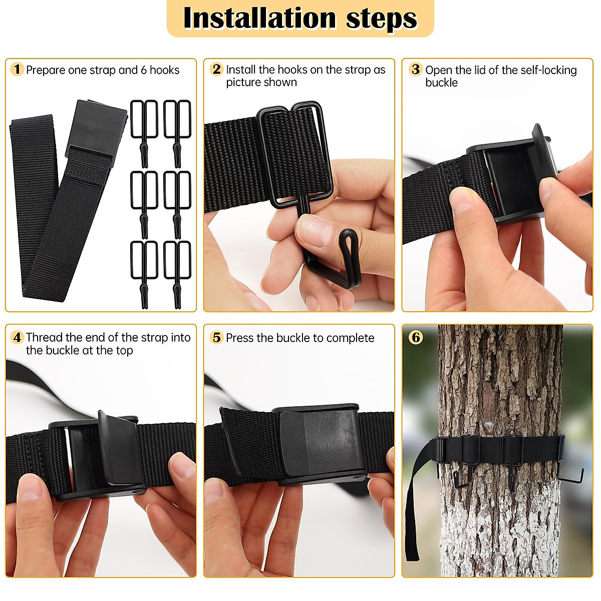 YUNVI 2 Pack Treestands Strap Gear Hangers with 12 Hooks,Hunting Tree Stand Bow & Gear Hanger,Saddle Hunting and Gear Equipment Hanger,Tree Stand Accessories Strap for Bow Arrows Bag