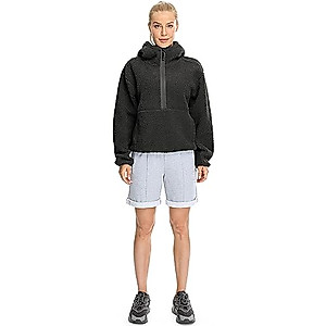 icyzone Women's Half Zip Hooded Sherpa Fleece Pullover Jacket, Oversized Warm Fuzzy Sweatshirt with Pockets (Black, L)