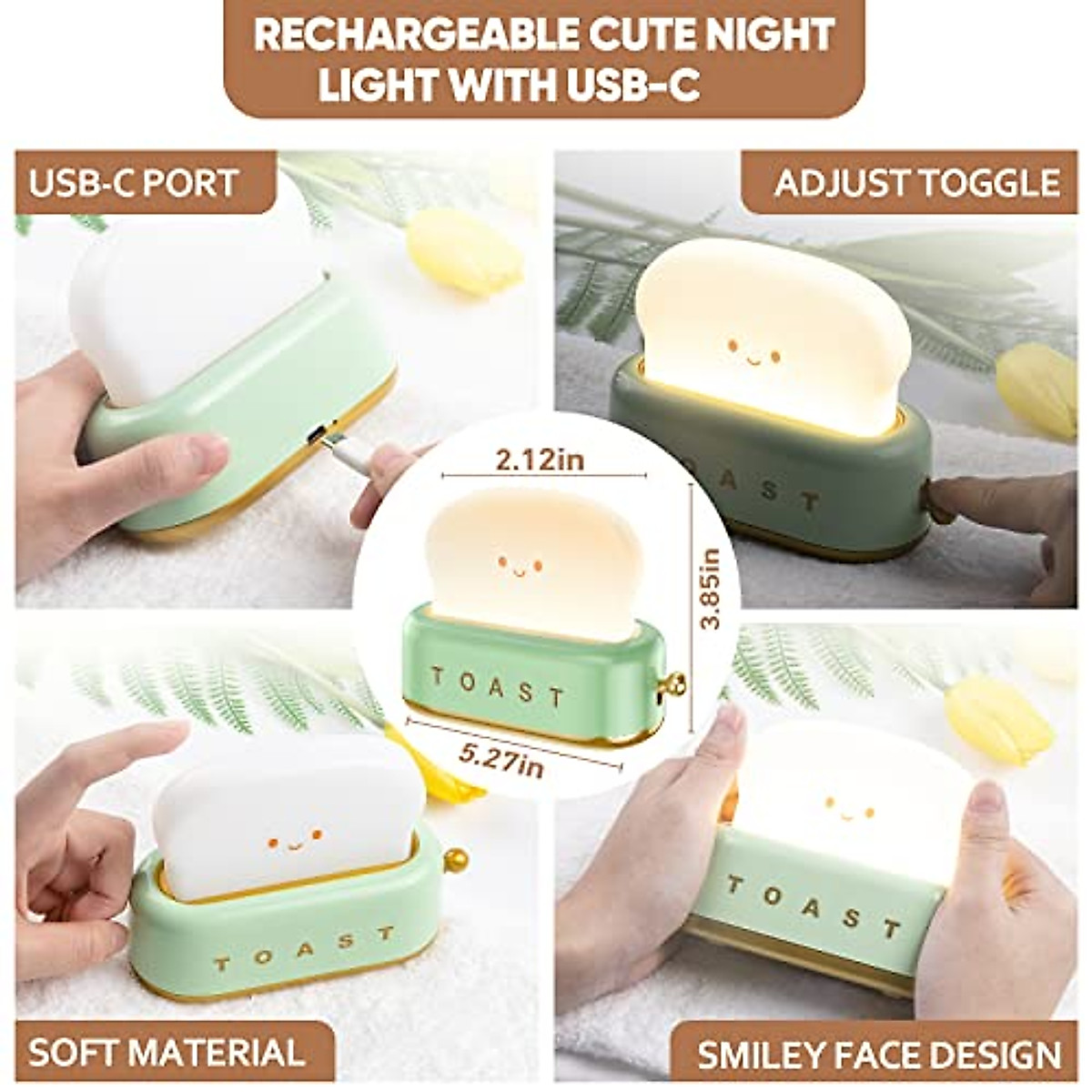 Cute Night Light, Kawaii Toast Night Lamp for Desk Decor, Table, Baby Nursery and Bedroom Room Decor Aesthetic, Dimmable Rechargeable Toaster Bread Lamp Gifts for Teens, Kids, Girls and Boys, Green