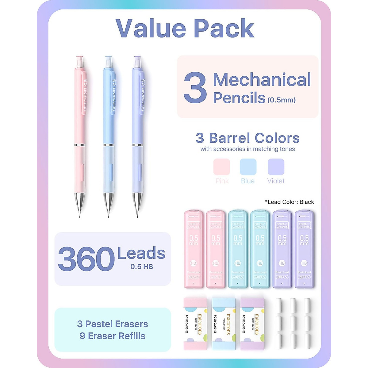 Four Candies Pastel Mechanical Pencil Set - 3PCS 0.5mm Mechanical Pencils with 240PCS HB Lead Refills, 3PCS Erasers and 9PCS Eraser Refills, Cute Colored Mechanical Pencils for Drawing & Writing