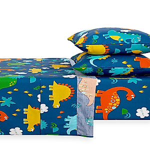 Wake In Cloud - Dinosaur Bed Sheets for Boys, 100% Cotton, 4-Piece Sheet Set Kids, Cute Jurassic Dinosaur Velociraptor Animal Pattern Printed Bedding, Deep Pocket, Navy, Full Size