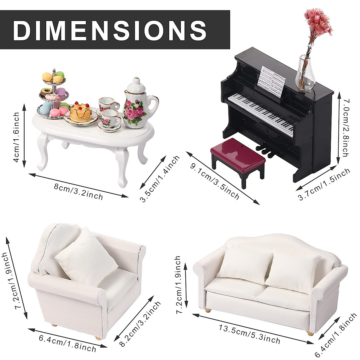 61 Pcs 1:12 Scale Dollhouse Sofa Accessories Set Dollhouse Food Miniature Dollhouse for Living Room Furniture Include Porcelain Tea Kits Mini Kitchen Food Tiny Piano for Doll Toy House (White)