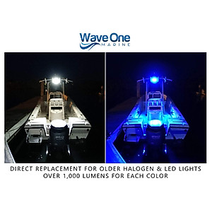 Wave One Marine | Dual Color LED Boat Spreader Light Deck Flood Beam Stainless Hardware & Bracket IP68 Waterproof Multicolor Bright High Lumen Output (White Housing, White & Blue)