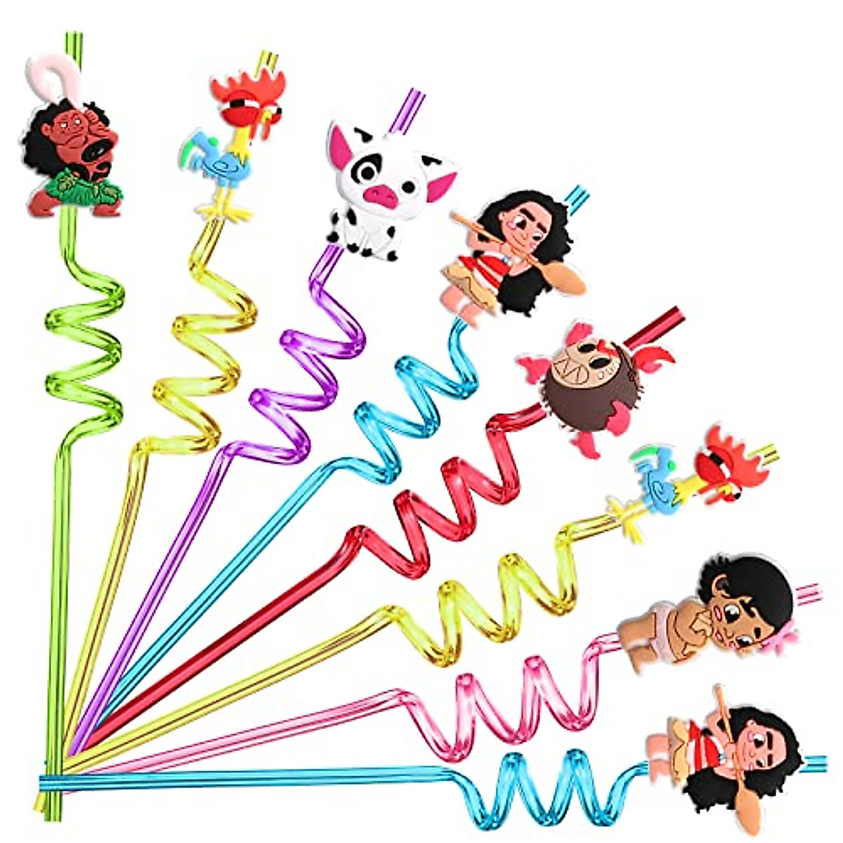 AFZMON 24 PCS Moana Drinking Straws Reusable Moana Plastic Beverages Cocktail Straw with Cartoon Decoration for Kids Moana Party Supplies for Birthday Party Favors