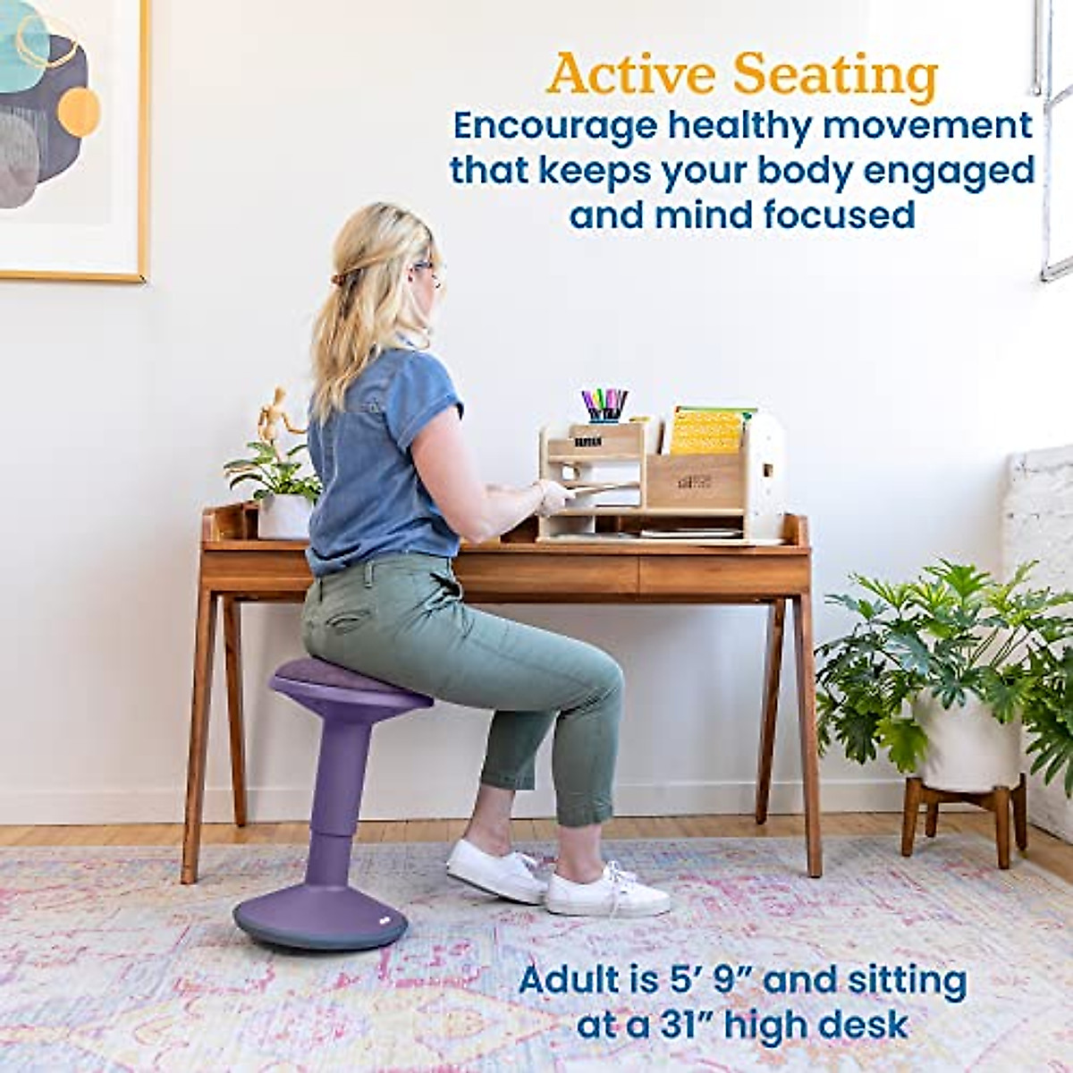 ECR4Kids Sitwell Wobble Stool with Cushion, Adjustable Height, Active Seating, Eggplant