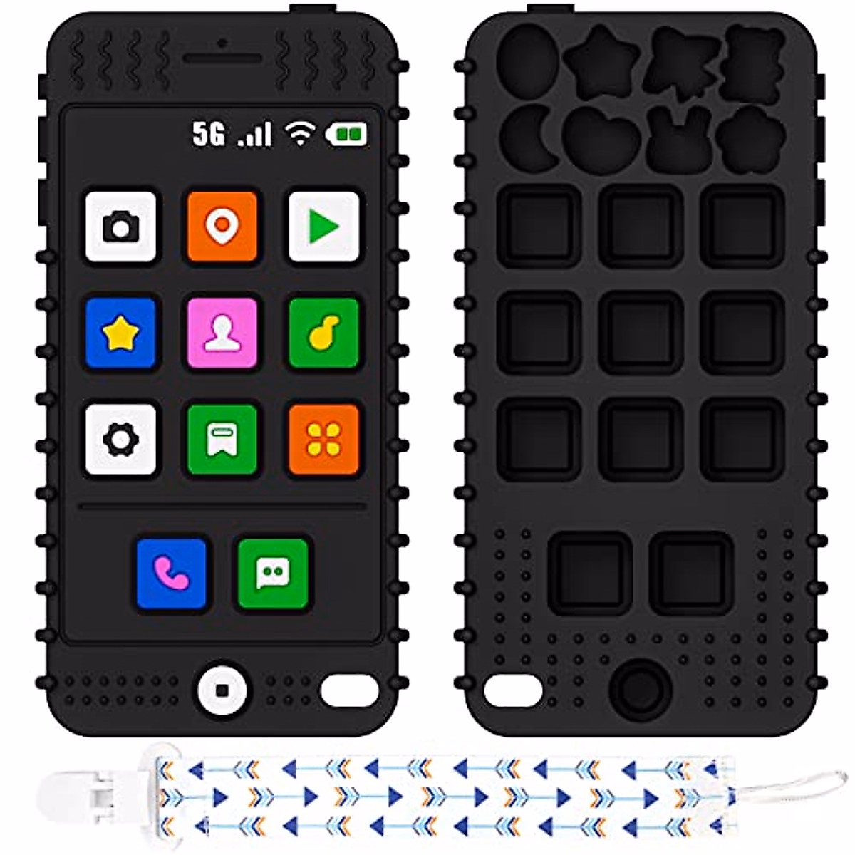 FFTROC Silicone Baby Teething Toys, Teether for Babies 6-12 Months, Smart Phone Shape Teether, Sensory Chew Toys for Boys & Girls - Black