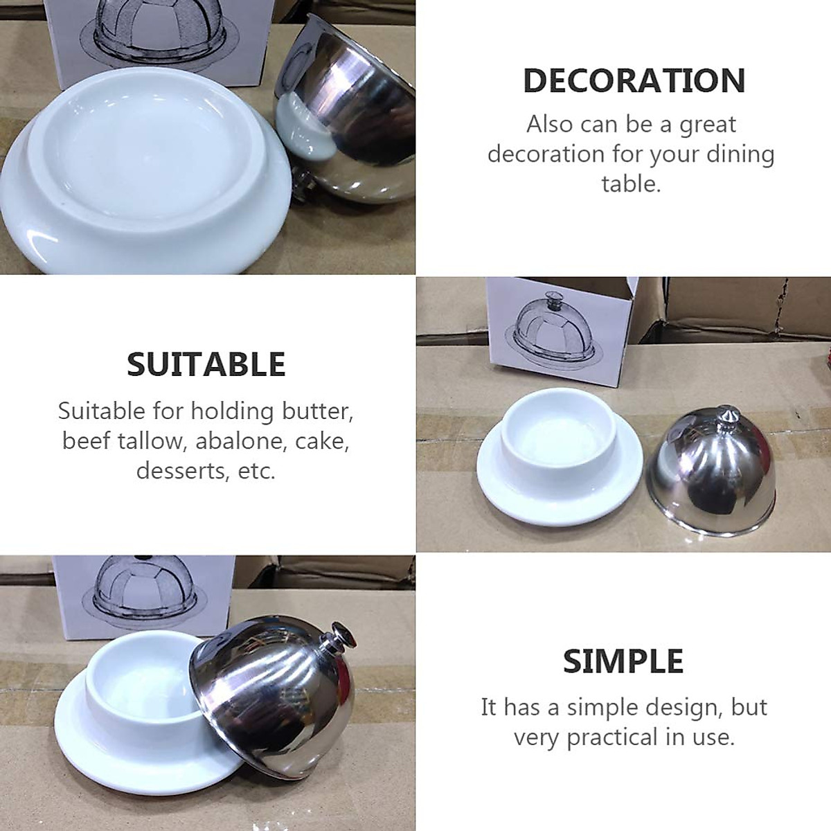 DOITOOL Ceramic Baking Bowls with Stainless Steel Lid Dish Ramekins Fruit Bowl Glass Cover Cake Stand Desert Platter Cheese Cloche Dome for Desserts Fruits Snack Candy