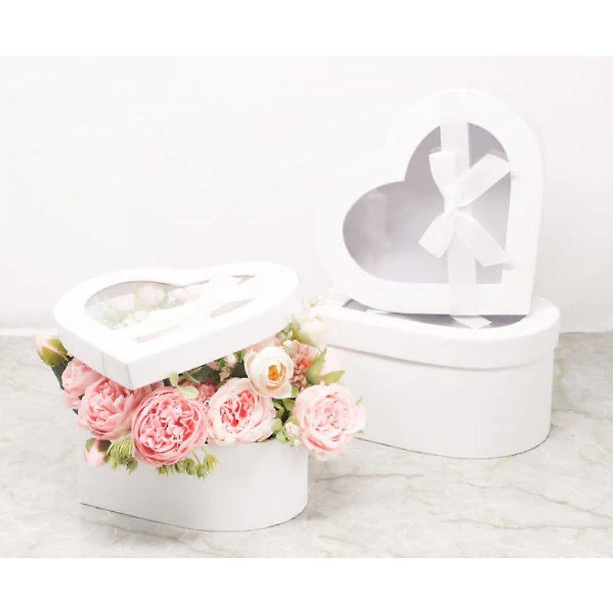 BBJ WRAPS Heart Shaped Boxes for Flowers Packaging with Transparent Window Lids Luxury Gift Box for Floral Arrangement, Set of 3(S/M/L) (White)