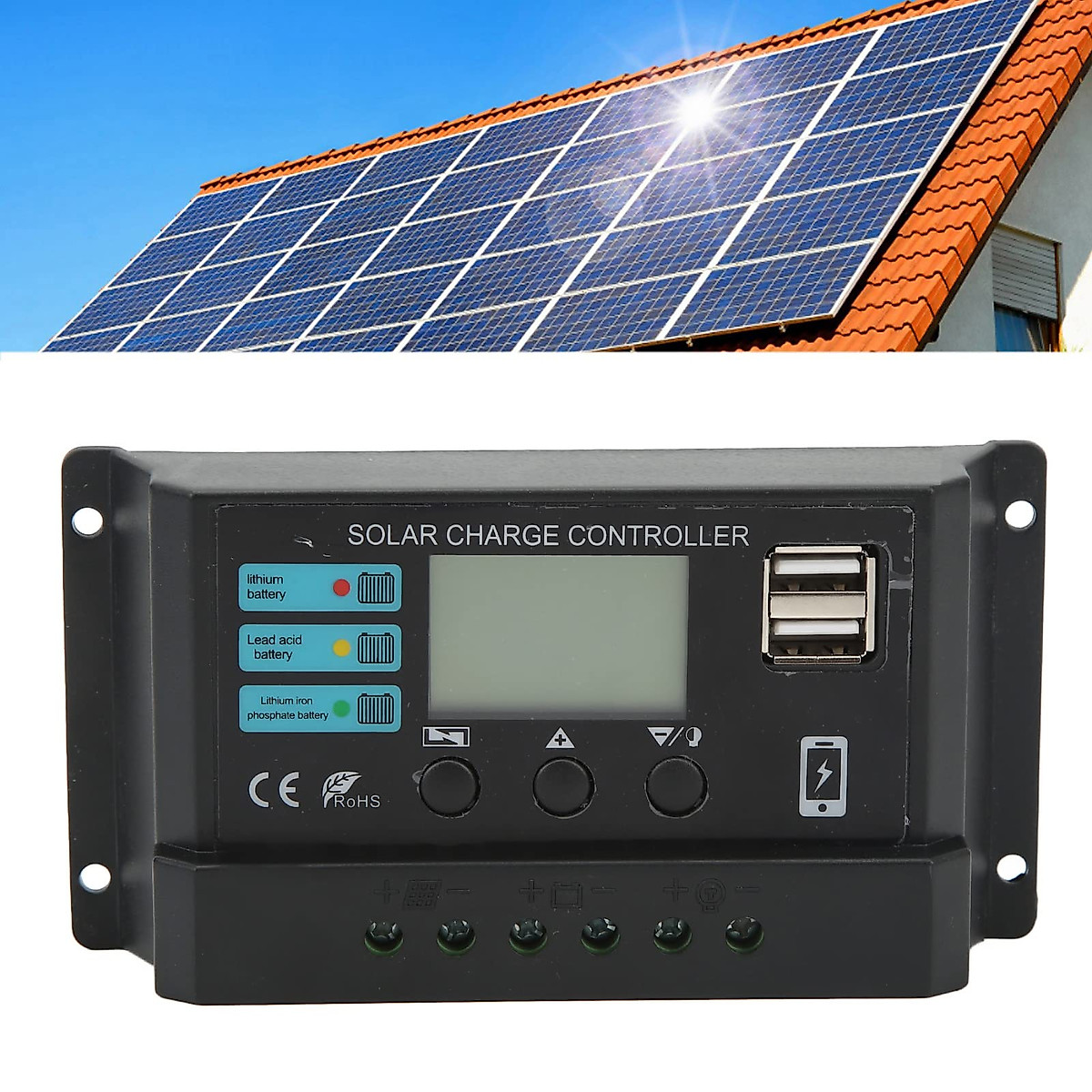 YYQTGG PV Charging Controller, 12V 24V Less Interference 5V 3A USB Output Solar Panel Controller for Lithium Battery(30A)Solar Charger Controller Intelligent Regulator