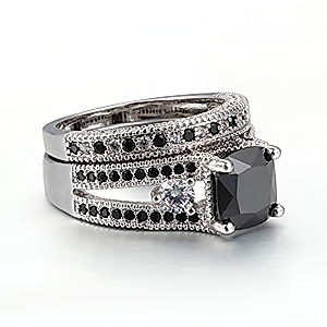 Double Fair White or Black Gold Plated Cushion Cut Black CZ Stone Engagement Promise Anniversary Ring Sets For Women (Silver, 8)