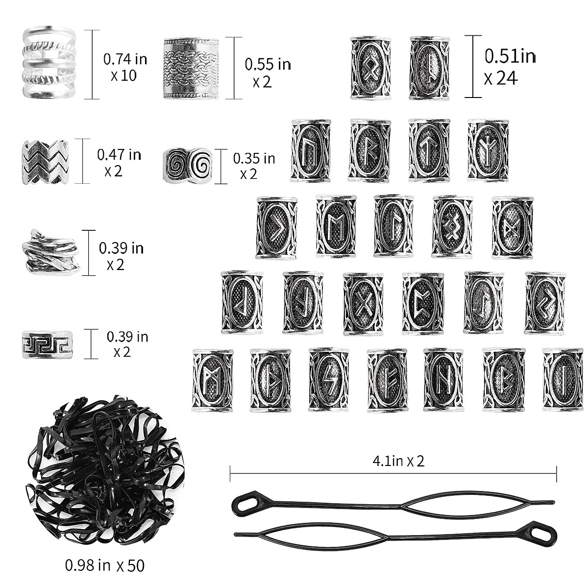 Viking Hair Beads Set (76PCS): Metal Silver Clips, Cuffs, Coils and Rings for Men's Dreadlocks, Braids, Beard Decoration