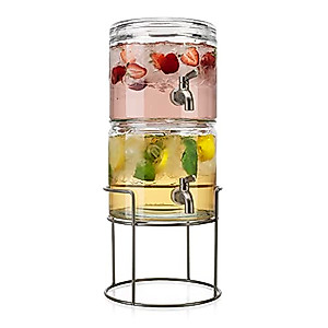 Set Of Two (2) 1 Gallon Each Stacked Quality Ice Cold Clear Glass Jug Beverage Dispensers With Metal Caddy Display With Easy Fill Spigot- Great For Outdoors, Parties, Bars & Daily Use