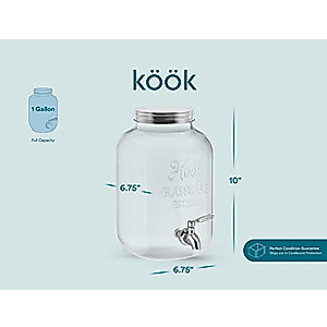 Kook Glass Drink Dispenser, with Leak-Proof Stainless Steel Spigot, Clear Mason Jar, Beverage Storage for Fridge, for Water, Iced Tea, Sangria, Lemonade, 1 Gallon (1, Silver)