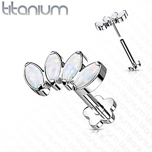 Dynamique Implant Grade Titanium Threadless Push In Flower Base Labret, Flat Back Studs With 4-Marquise Opal Set Peatal Top For Cartilage, Monroe (Sold Per Piece)