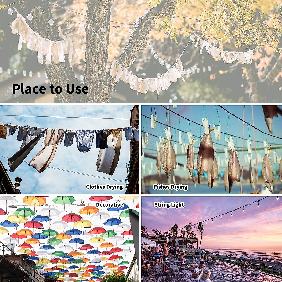 Brightown String Lights Hanging Kit for Outdoor, Includes 100Ft Stainless Steel(304) Suspension Rope Cable in Black Vinyl-Coated, Turnbuckle, Thimble, Hooks. Heavy Duty and Easy to Install