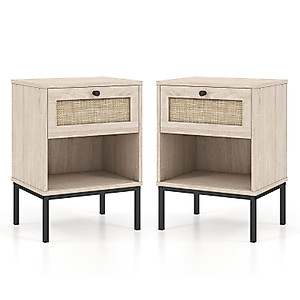 Giantex Rattan Nightstands with Drawer Set of 2, Boho Side Tables with 4 Metal Legs and Open Storage Shelf, Farmhouse Night Stands for Small Spaces, 2 Tier Bedside Tables for Bedroom Office, Oak