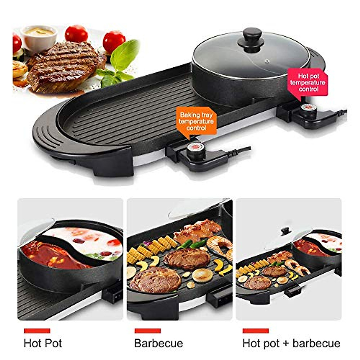 SEAAN Hot Pot with Grill, Hotpot Pot Electric Grill Indoor Shabu Shabu Pot Korean bbq Grill Smokeless, Separate Dual Temperature Contral, Capacity for 2-12 People, 110V