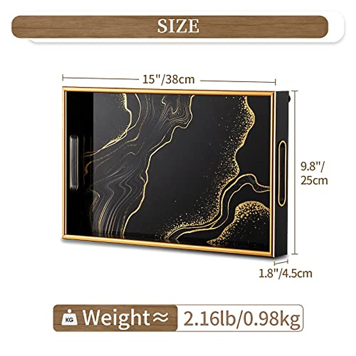 Hanobe Decorative Serving Tray Black: Coffee Table Tray with Handles for Ottoman Home Decor Modern Gold Rim Glass Drink Trays for Kitchen Counter Decanter Bar, Easy to Clean