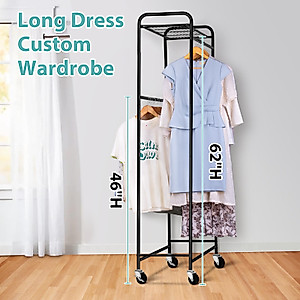 AOODA Double Rod Long Clothing Racks for Hanging Clothes, Heavy Duty Rolling Garment Rack with Top Shelves, Portable Closet Wardrobe Clothes Rack with Wheels for Dresses, Coats, Shirts (Black)