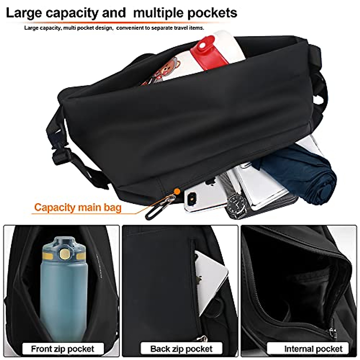 DREETINO Black Sling Bag for Women Men Waterproof Backpack for Travel Crossbody Chest Multipurpose Daypack