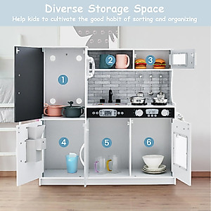 MAT EXPERT Kids Kitchen Playset, Wooden Chef Pretend Toy Kitchen w/Chalkboard, Ice Maker, Cookware Accessories, Telephone, Oven, Microwave, Play Kitchen for Toddlers, Gift for Boys Girls 3+ (White)