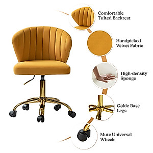 TINA'S HOME Office Desk Chairs with Wheels & Gold Base, Modern Velvet Cute Armless Office Chair, Adjustable Low Back Swivel Rolling Chair, Upholstered Task Chair for Living Room Vanity Study-Mustard