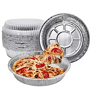 KmaxShip 9" Round Aluminum Foil Pans with Clear Lids, Disposable Food Containers with Plastic Coners for Storing, Baking, Meal Prep & Reheating, Freezer & Oven Safe, Recyclable, 50 Pack of Tins
