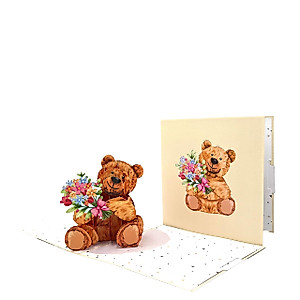 Niumcraft Pop Up Greeting Card Teddy Bear Hold Bouquet Flower Card Cartoon Animals Flower Birthday Thank You Card for Kid Mom Dad Family Friend Gift