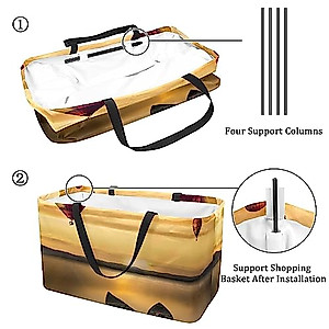 KQNZT Reusable Grocery Bags, Heavy Duty Reusable Shopping Bags, Large Tote Bags with Long Handles and Reinforced Bottom, Lake Boat Hot Air Balloon Sunset