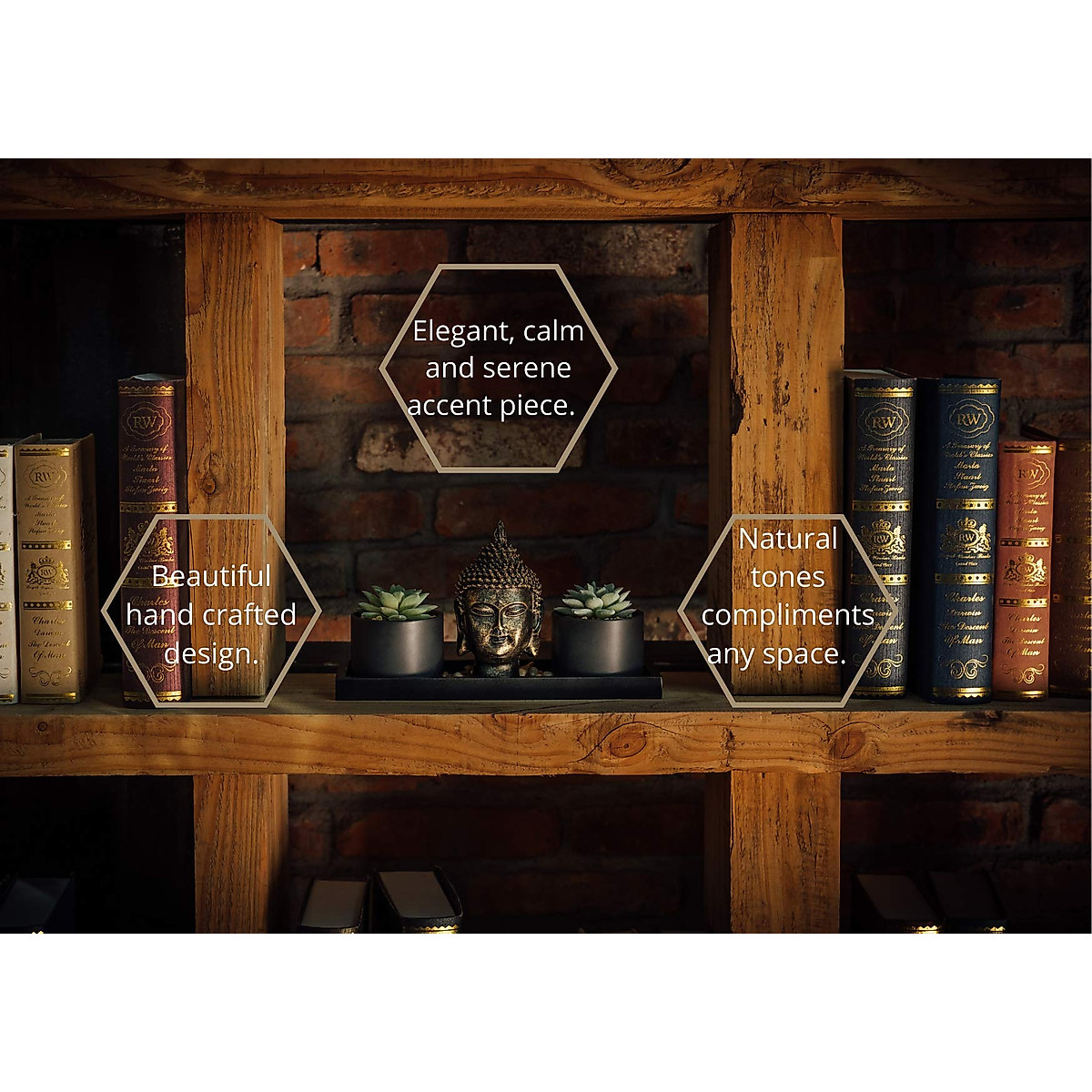 Buddha Statue & Succulent Zen Garden Set- Buddha Head Statue w/ Wooden Display Tray & Stones| Buddha Decor For Home Decor. Beautiful & Peaceful. Great Meditation Gifts.